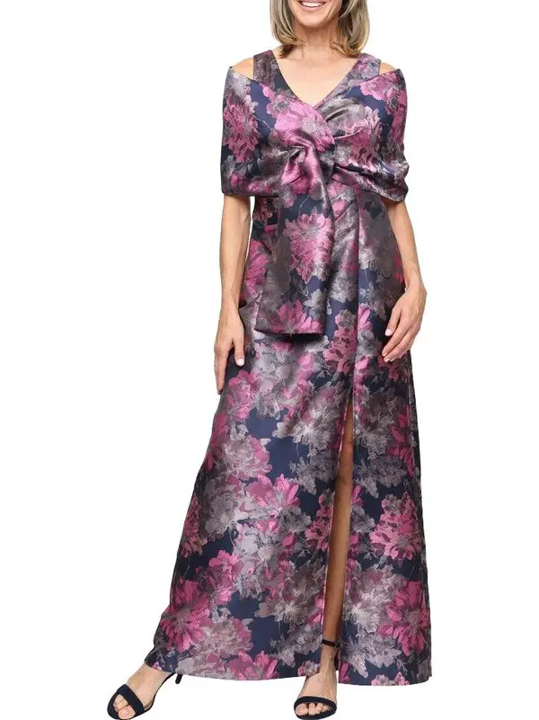 SL FASHIONS Floral Jacquard Gown With Jacket - Navy/pink