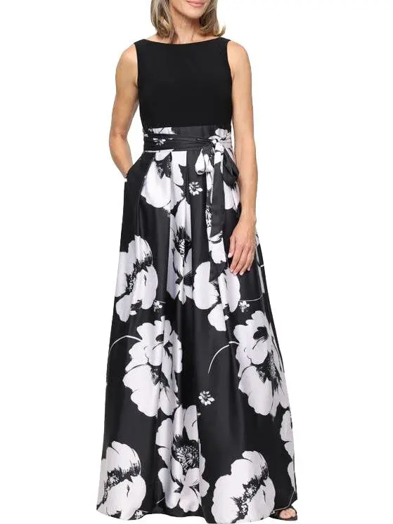 SL FASHIONS Mixed Media Floral Sleeveless Gown - Black Ivory