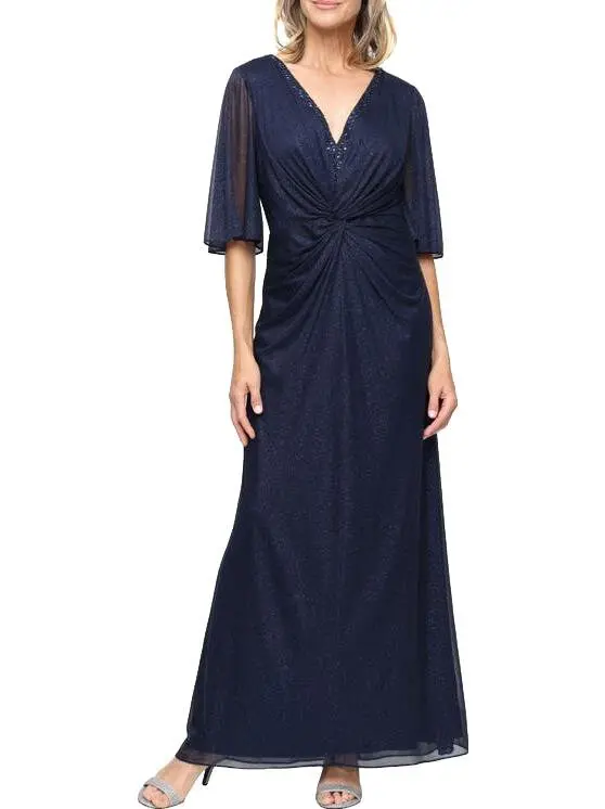 SL FASHIONS Center Twist Glitter Mesh Gown - Navy