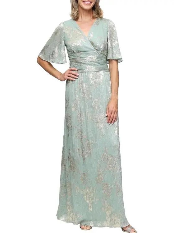 SL FASHIONS Metallic Jacquard Gown - Sage/gold
