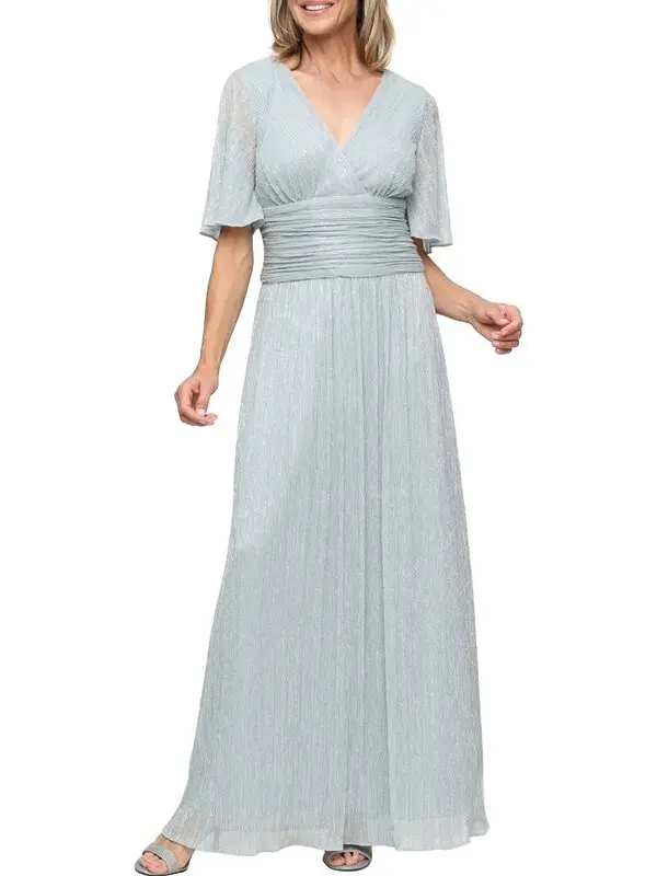 SL FASHIONS Metallic Surplice Neck A-line Gown - Aloe