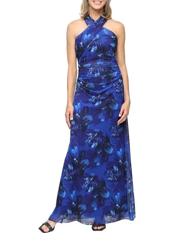 SL FASHIONS Floral Mesh Gown - Blue/multi