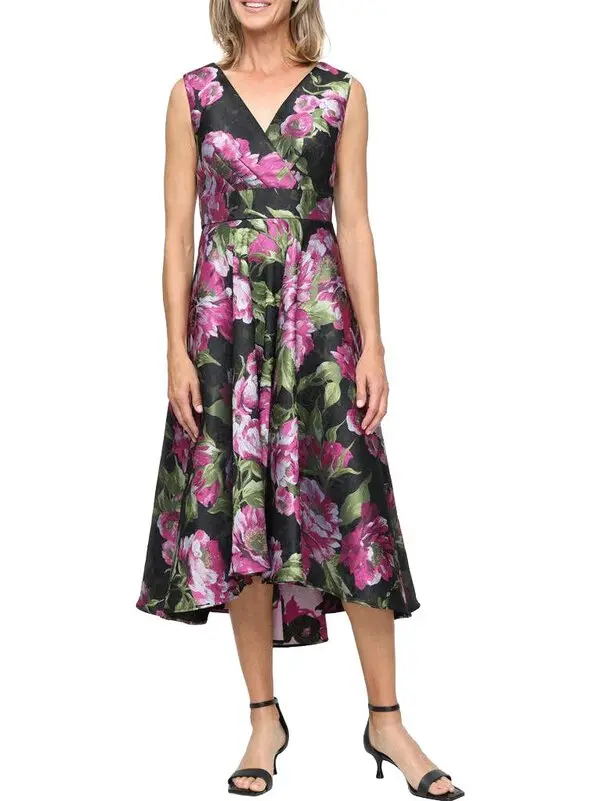SL FASHIONS Floral Jacquard Sleeveless Cocktail Dress - Black Multi