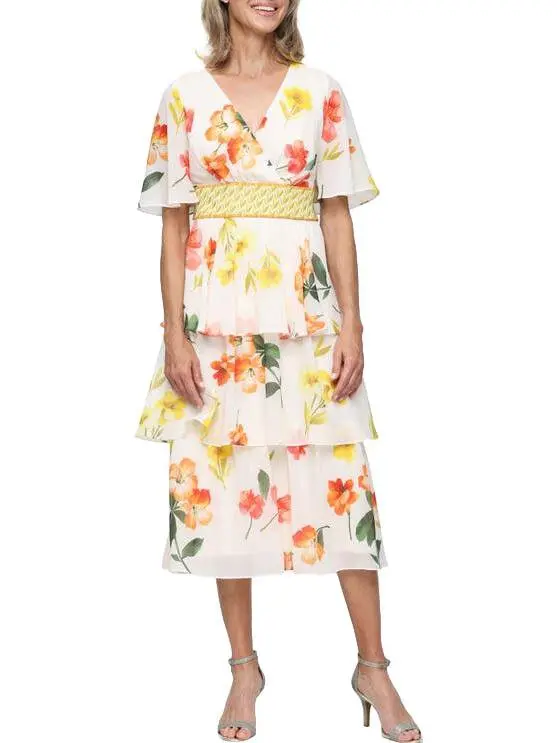SL FASHIONS Floral Tiered Cocktail Dress - Cream Multi