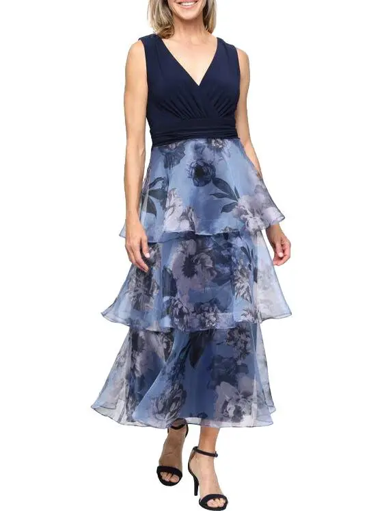 SL FASHIONS Mixed Media Tiered Cocktail Dress - Navy Multi