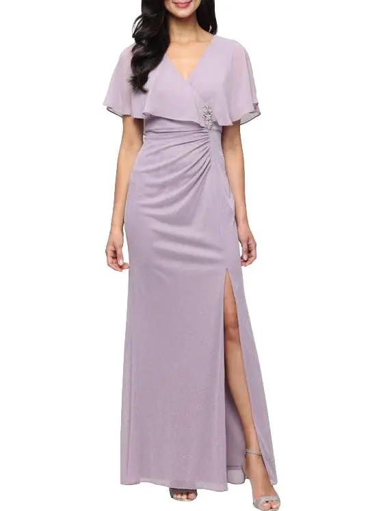 SL FASHIONS Rhinestone Detail Glitter Mesh Gown - Mauve