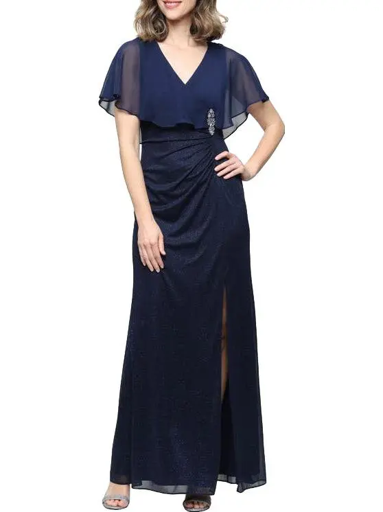 SL FASHIONS Rhinestone Detail Glitter Mesh Gown - Navy