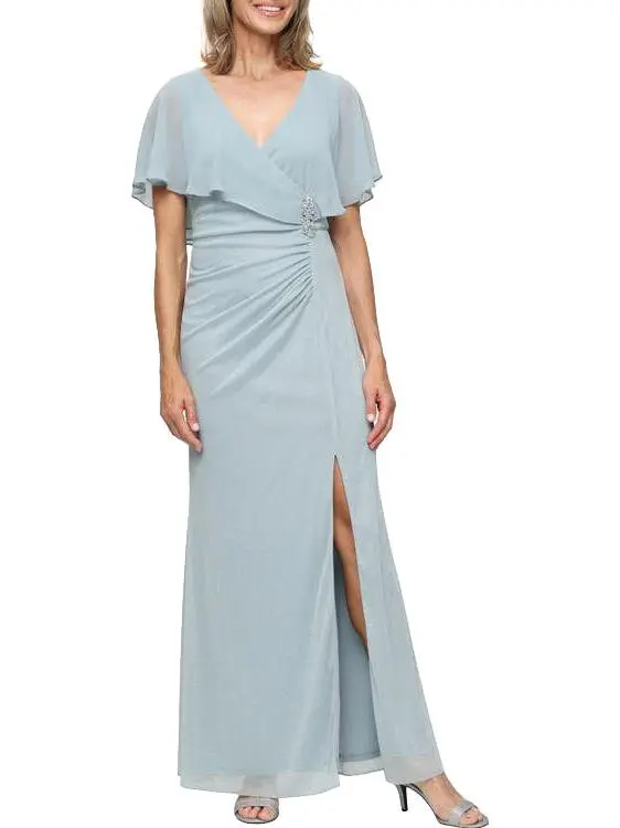 SL FASHIONS Rhinestone Detail Glitter Mesh Gown - Sage