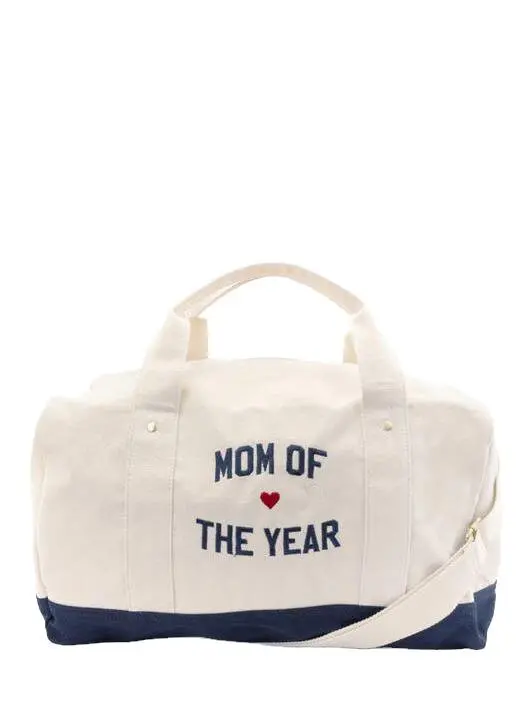 FAVORITE DAUGHTER Mom Of The Year Embroidered Canvas Duffle Bag - Natural Navy Blaze