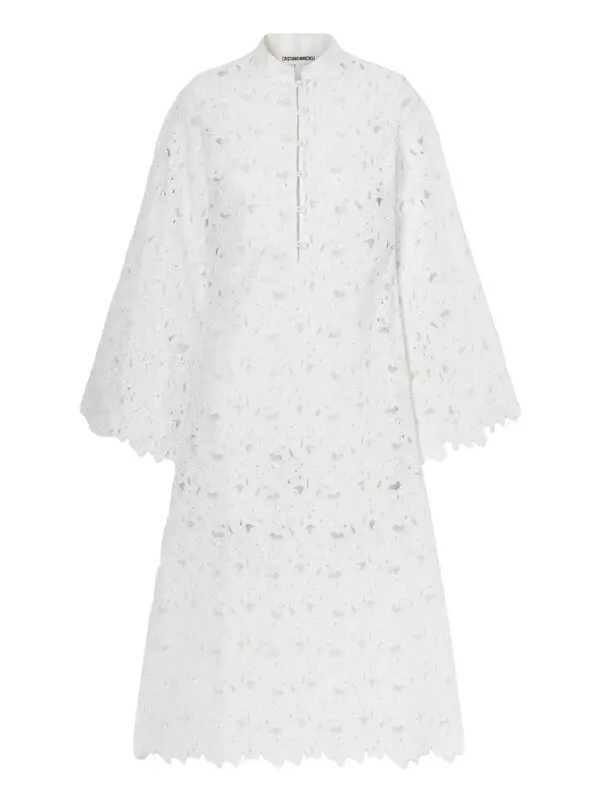 CRISTIANO MARCHELI Eleonora Floral Embroidered Broderie Anglaise Kaftan - White