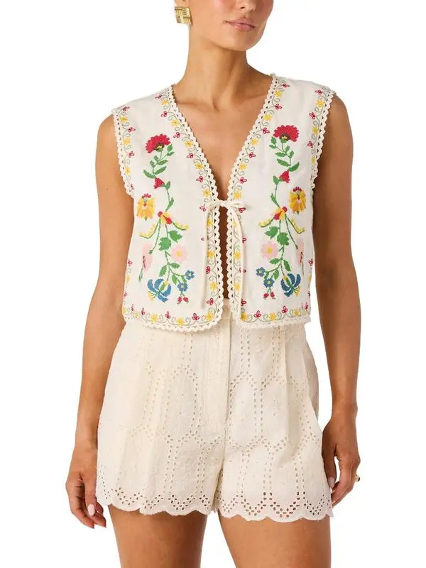 Astr The Label Amina Floral Cross Stitch Vest - Cream Multi Floral