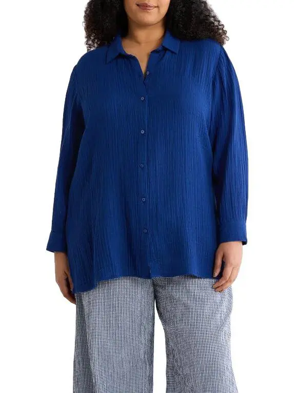 Eileen Fisher Classic Collar Organic Cotton Button-up Shirt - Deep Dive