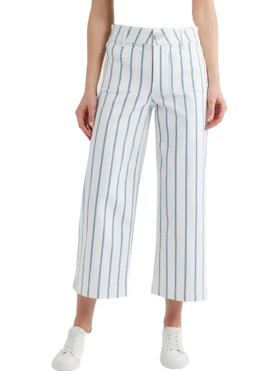 CITY BLUES Striped Crop Wide Leg Pants - White/cobalt