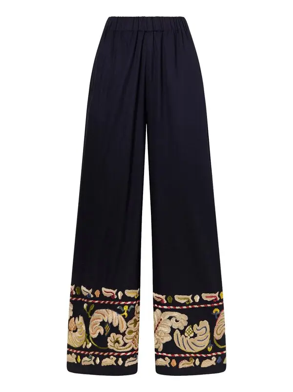 BODE Embroidered Cotton-blend Flared Pants - Black