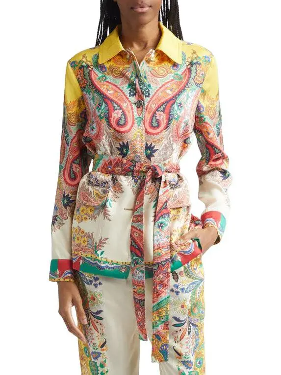 Etro Floral Paisley Belted Twill Field Jacket - Print On White Base
