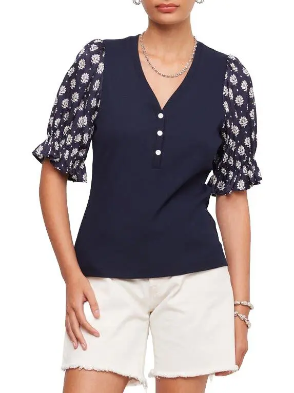 Fifteen Twenty Tamra Contrast Puff Sleeve Henley - Navy