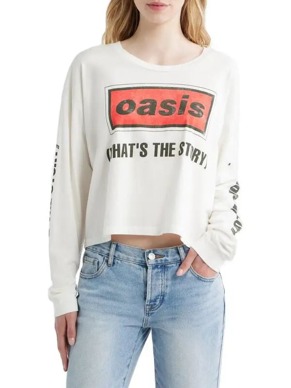 Daydreamer Oasis Long Sleeve Crop Graphic T-shirt - Vintage White
