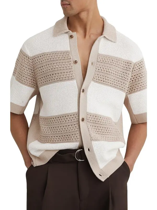 REISS Marek Open Knit Short Sleeve Button-up Shirt - White/stone