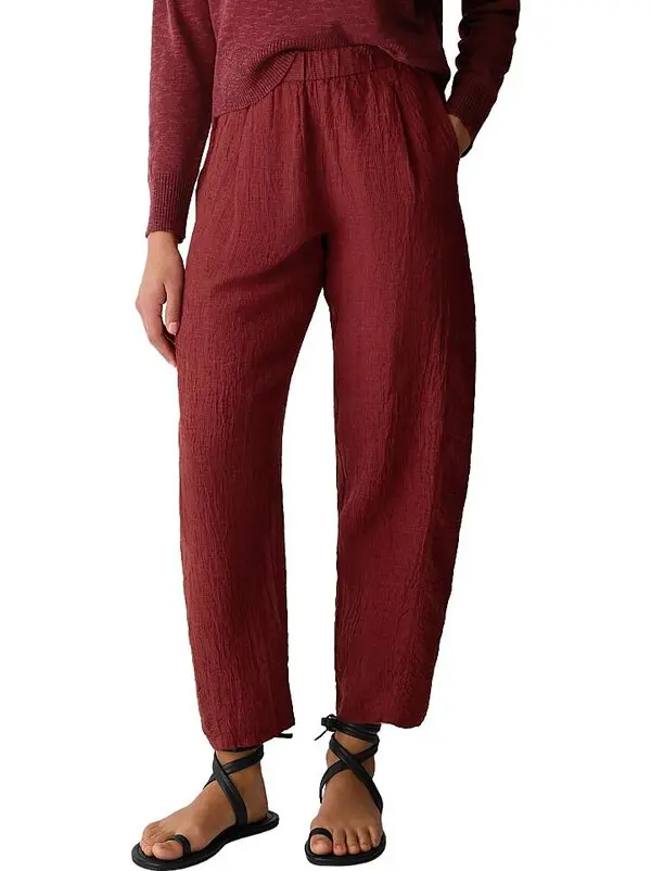 Eileen Fisher Puckered Linen Stripe Ankle Lantern Pants - Sun Dried Tomato