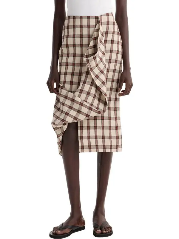 RÓHE Draped Linen Check Skirt - Red Table Check