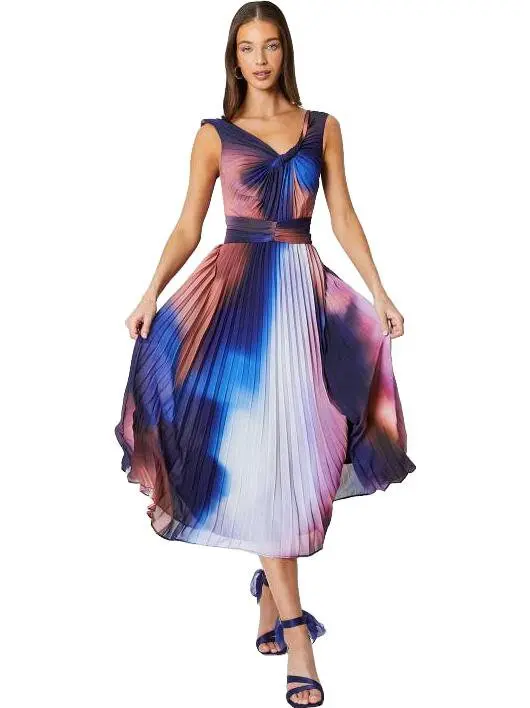 Coast Printed Pleated V-neck Midi Dress - Multi