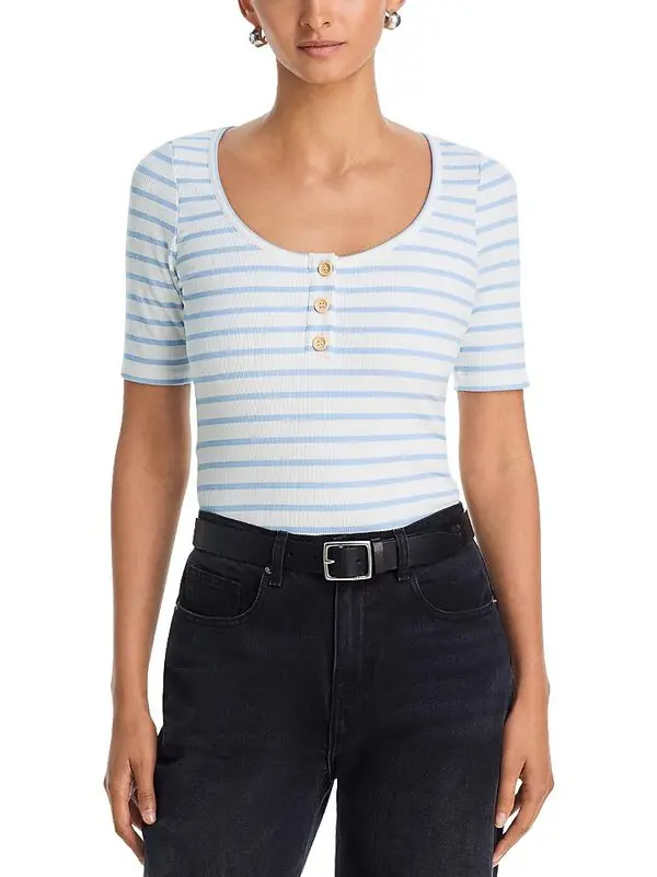 Aqua Striped Rib Button T-shirt - White/blue