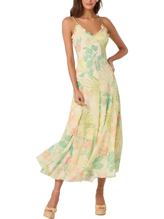 Astr The Label Hana Floral A-line Dress - Green Peach Tropical