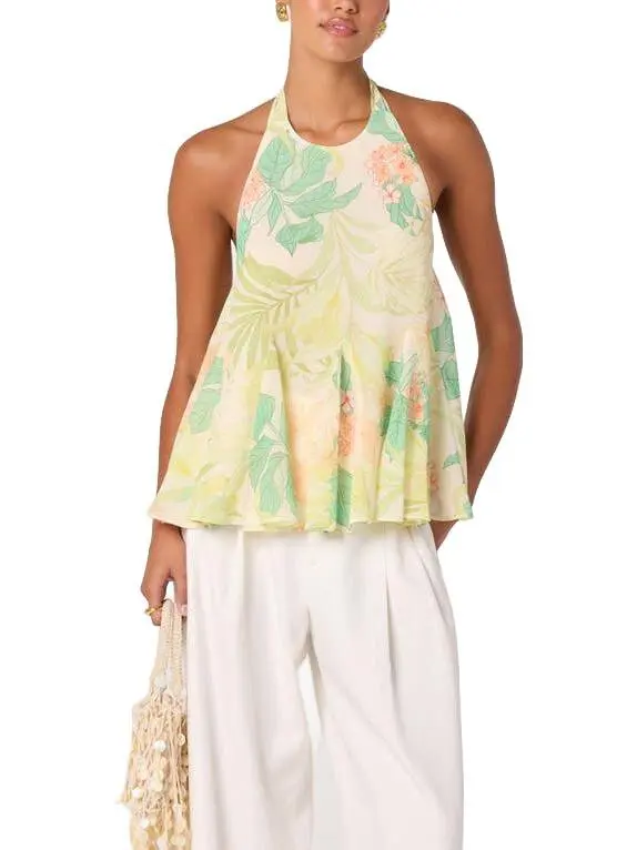 Astr The Label Belen Floral Halter Top - Green Peach Tropical