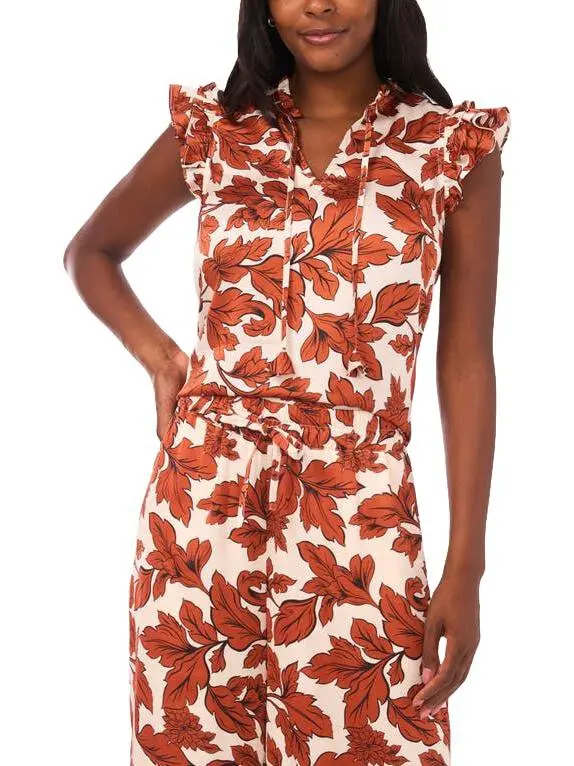 Vince Camuto Floral Flutter Sleeve Satin Top - Peach Whip