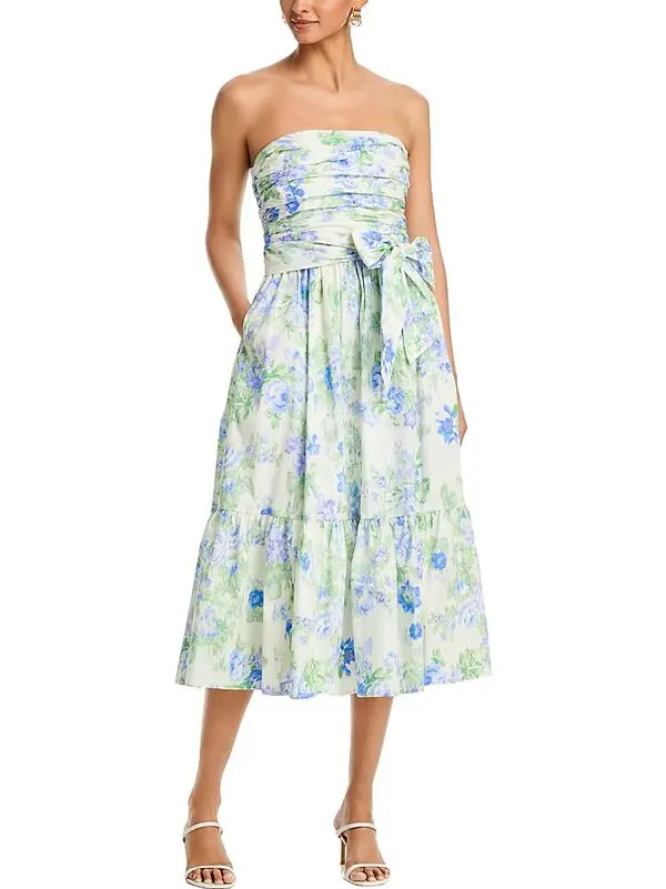 Aqua Floral Gathered Midi Dress - White/blue