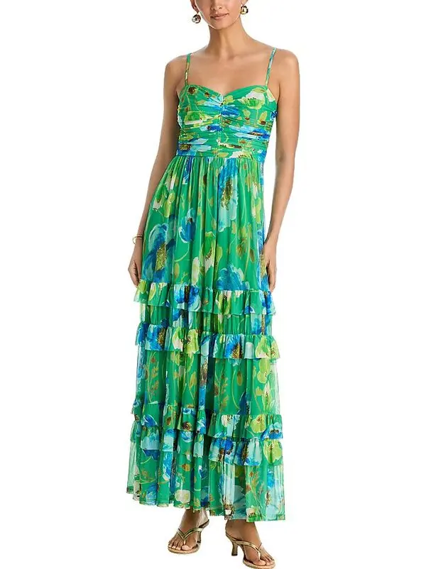 Aqua Floral Mesh Maxi Dress - Green