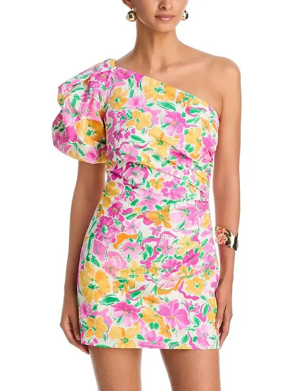 Aqua Floral One Shoulder Mini Dress - Pink/yellw