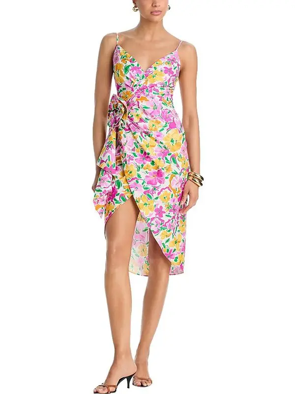 Aqua Floral Gathered Midi Dress - Pink/yellow