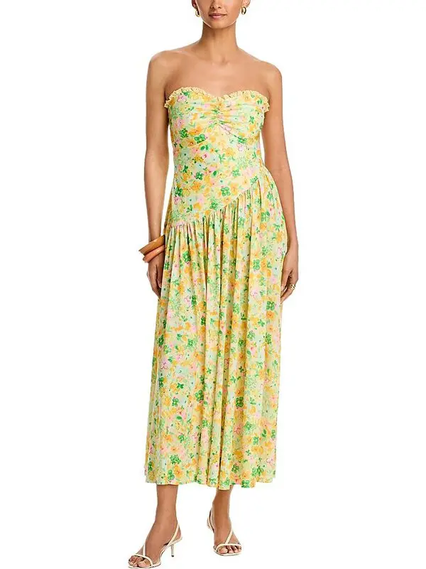 Aqua Floral Lace Strapless Midi Dress - Yellow Multi