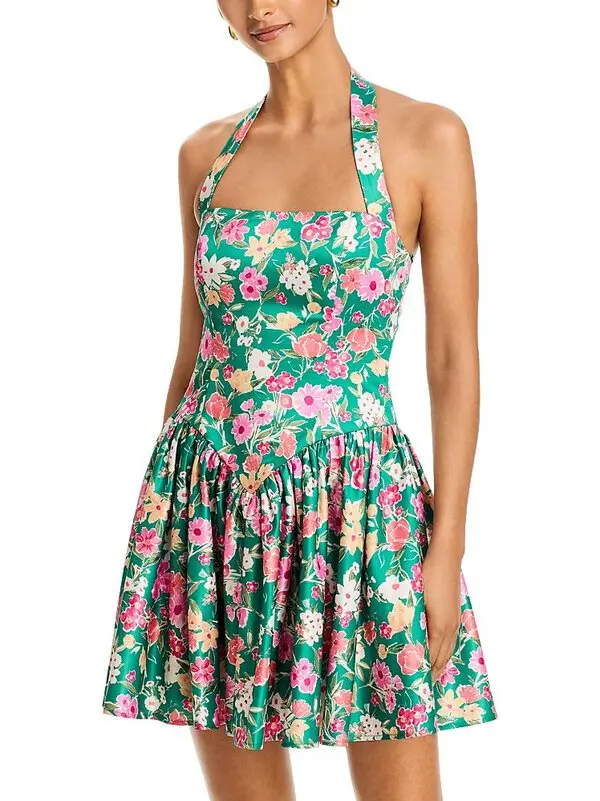 Aqua Floral Halter Mini Dress - Green