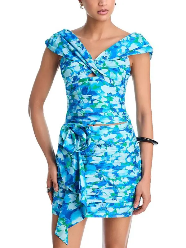 Aqua Floral Off-the-shoulder Twist Top - Blue
