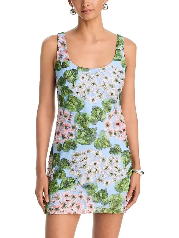 Aqua Hydrangea Embroidered Mini Dress - Blue Multi