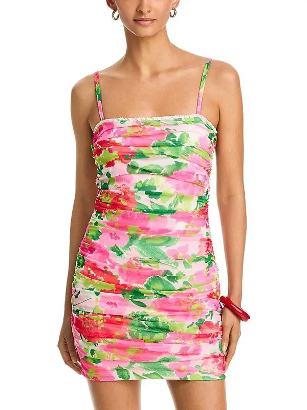 Aqua Floral Mesh Mini Dress - Pink/green