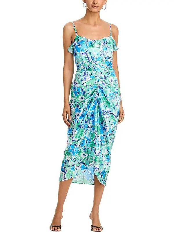 Aqua Floral Ruffle Tie Waist Midi Dress - Blue Multi