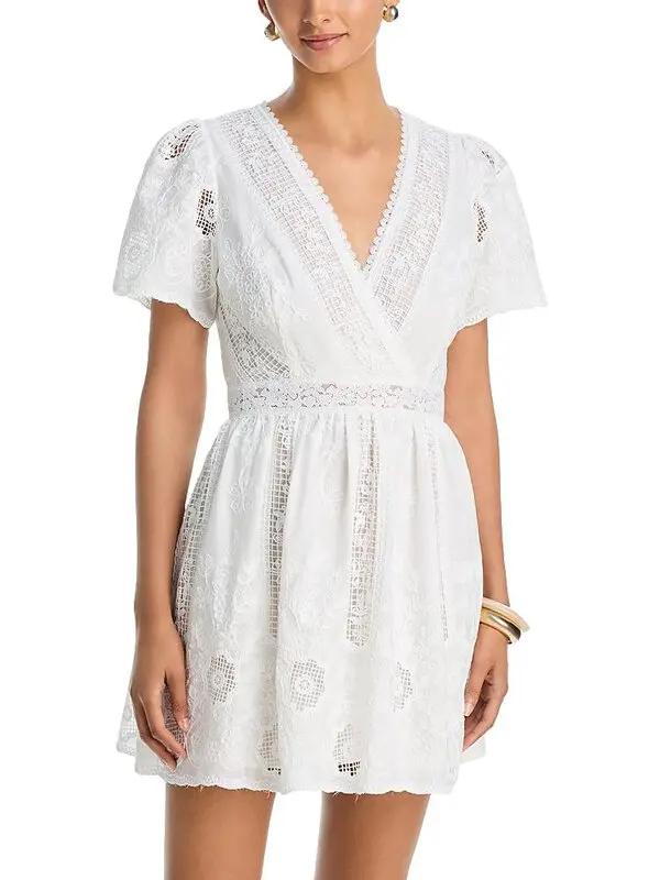Aqua Embroidered Lace V-neck Mini Dress - White