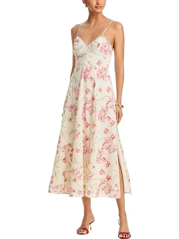 Aqua Embroidered Floral Lace Trim Midi Dress - Pink Multi