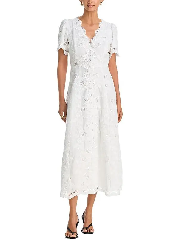 Aqua Embroidered Lace Button-front V-neck Midi Dress - White