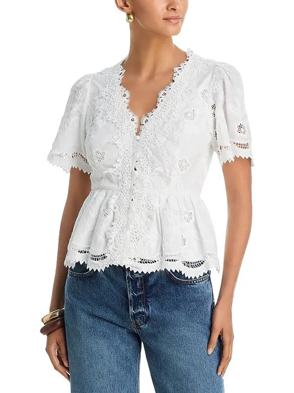 Aqua Embroidered Lace Button-down V-neck Top - White