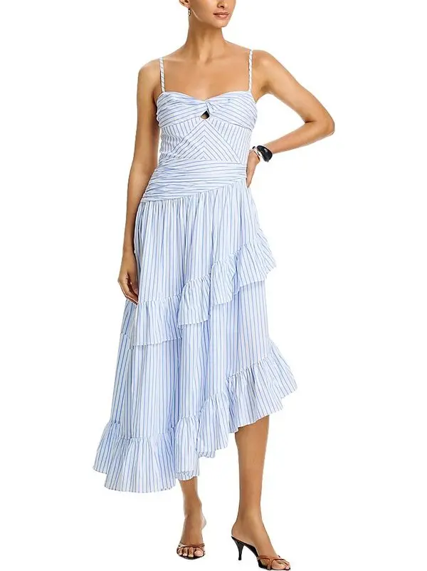Aqua Stripe Ruffle Asymmetrical Midi Dress - Light Blue/white