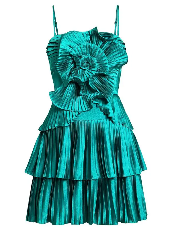 PatBO Floral Appliquéd Pleated Satin Mini Dress - Jade