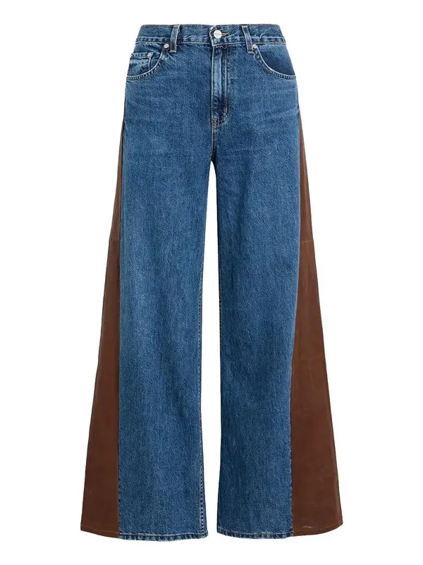 TWP Leather-trimmed Wide-leg High-rise Jeans - Mid Denim