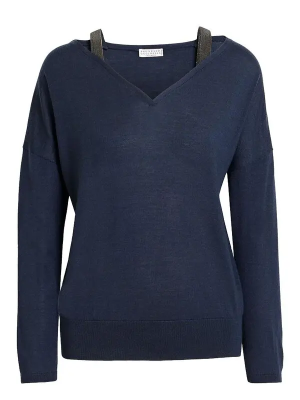 Brunello Cucinelli Bead-embellished Cashmere And Silk-blend Sweater - Navy