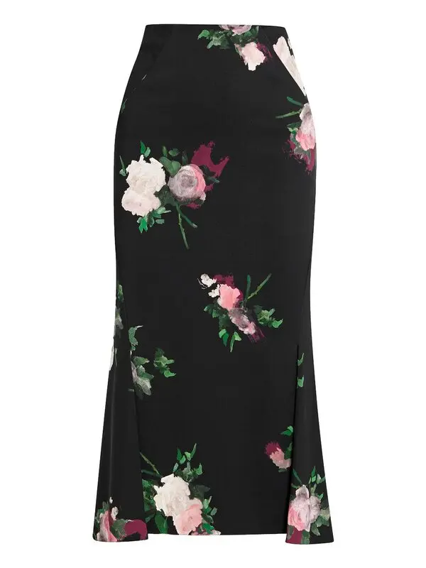 Erdem Floral-print Crepe Midi Skirt - Black