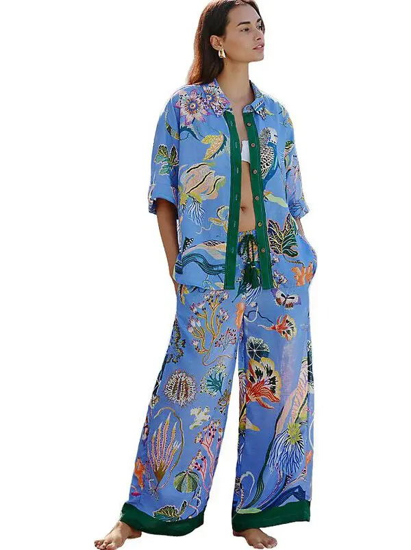 CELANDINE X Sarah Gordon Linen Blend Wide-leg Pants - Blue Pattern