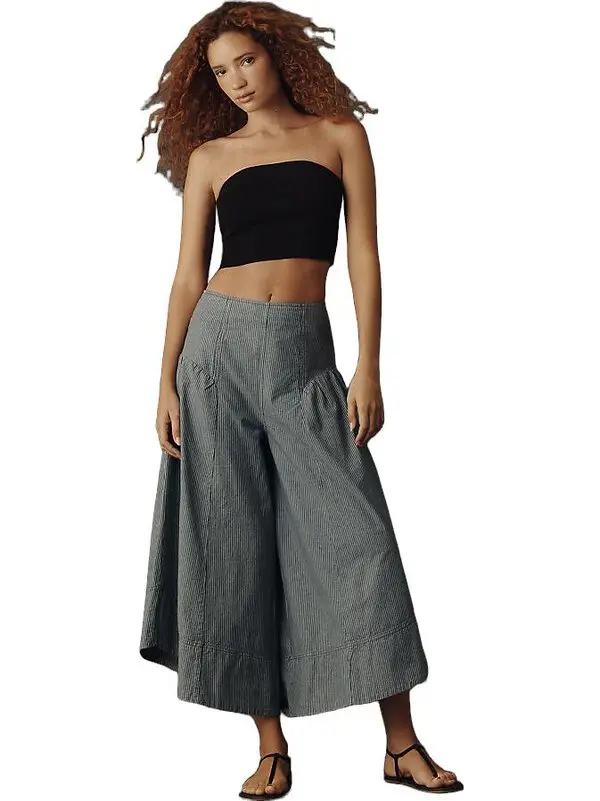 Anthropologie Cotton Basque Waist Wide Leg Pants - Indigo Stripe